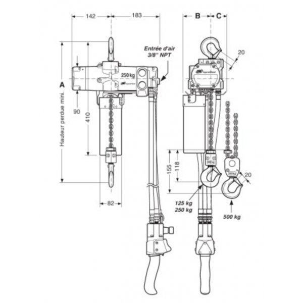 Pneumatic hoist - 125 to 200kg - Levagemanutention.com