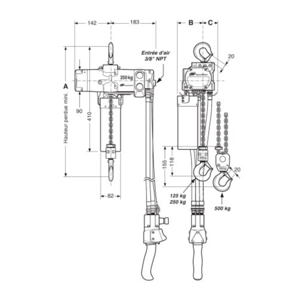 Pneumatic hoist - 125 to 200kg - Levagemanutention.com